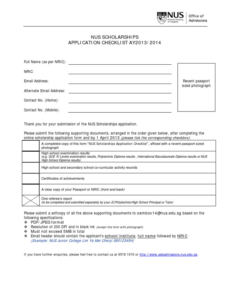 NUS Scholarship Application Checklist | PDF | Schools