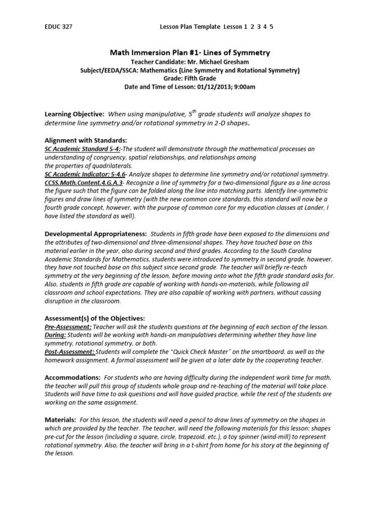Fifth Grade Symmetry Lesson Plan | PDF | Homework | Shape