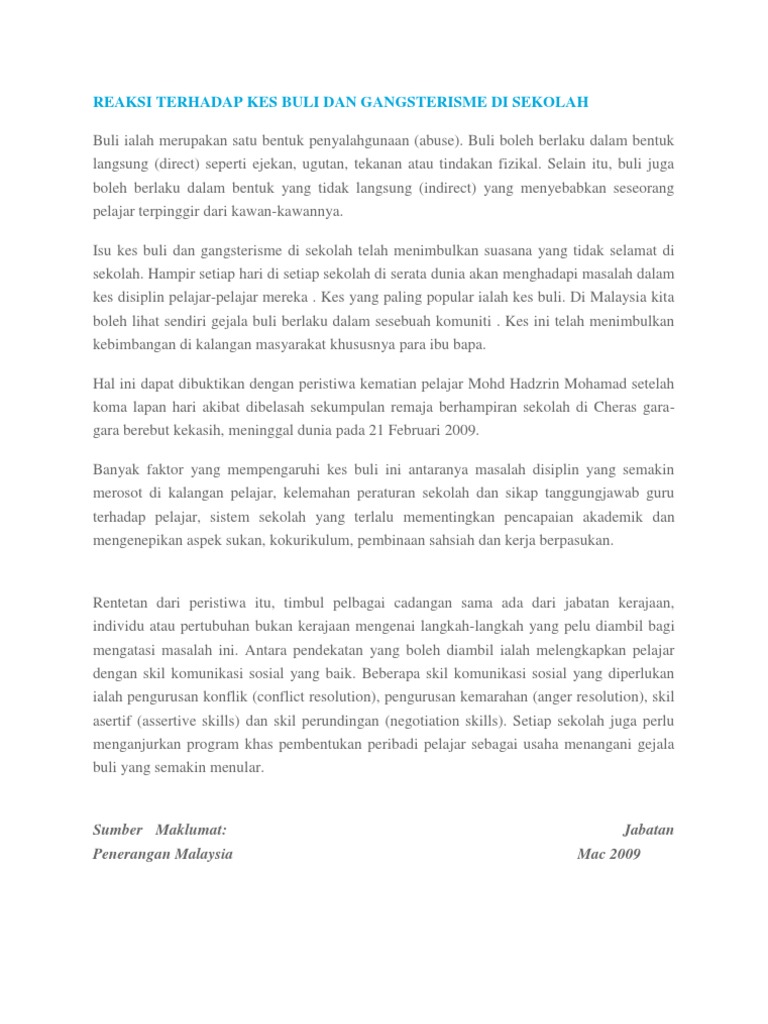 Reaksi Terhadap Kes Buli Dan Gangsterisme Di Sekolah | PDF