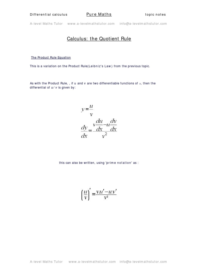 The Quotient Rule, Differential Calculus Notes From A-Level Maths Tutor ...