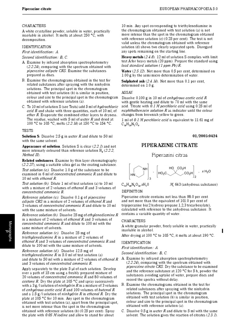 Piperazine Citrate | Download Free PDF | Solution | Solubility