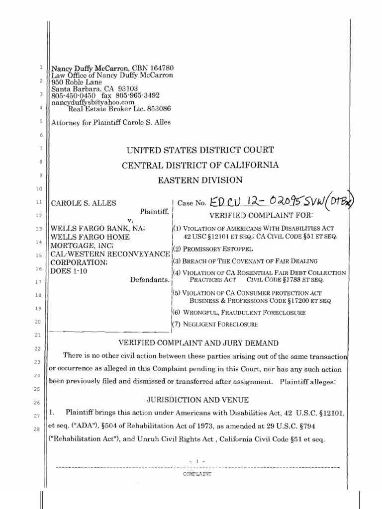 Verified Complaint Alles-Final | PDF | Foreclosure | Americans With ...