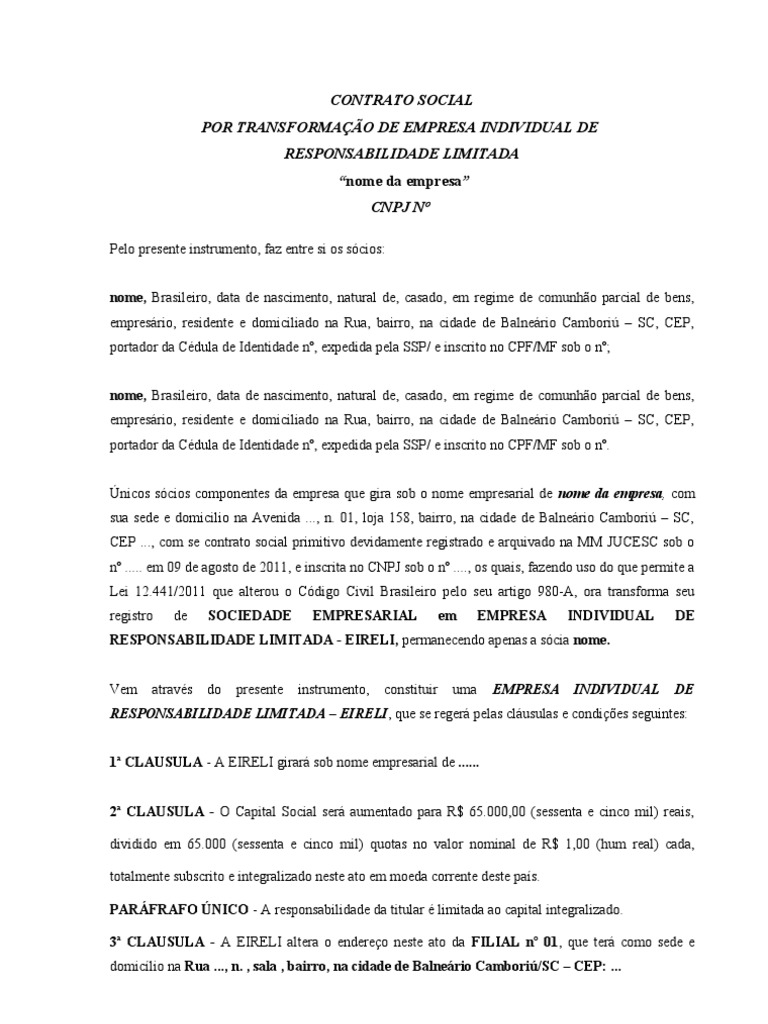 Modelo Contrato Social EIRELI - 1 | Cidade | Negócios (Geral)