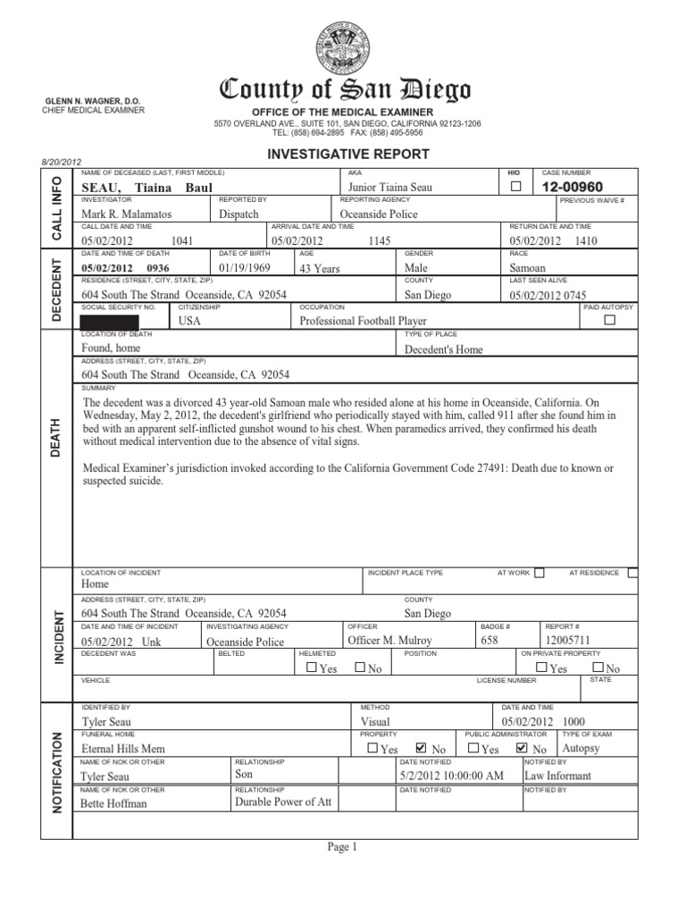 Junior Seau Autopsy Report | PDF | Neck | Autopsy