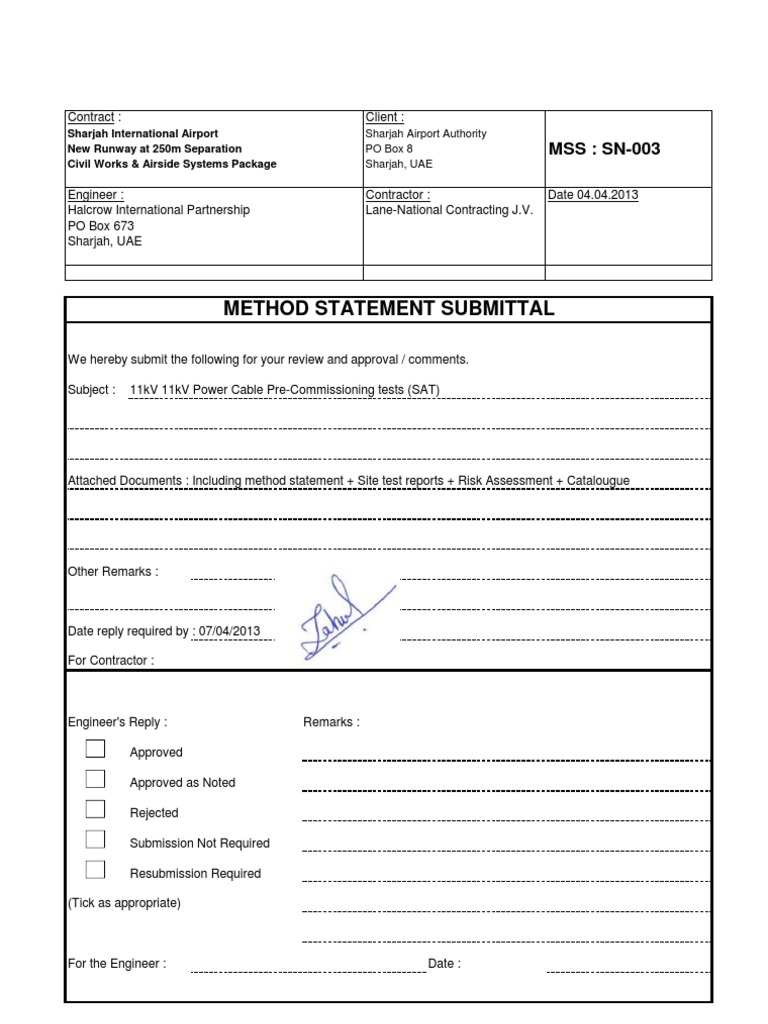 Method Statemnet For 11kV Cable SAT | PDF | Cable | Wire