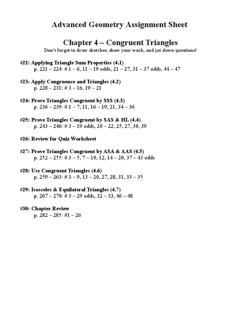 Advanced Geometry Assignment Sheet Chapter 4 - Congruent Triangles ...