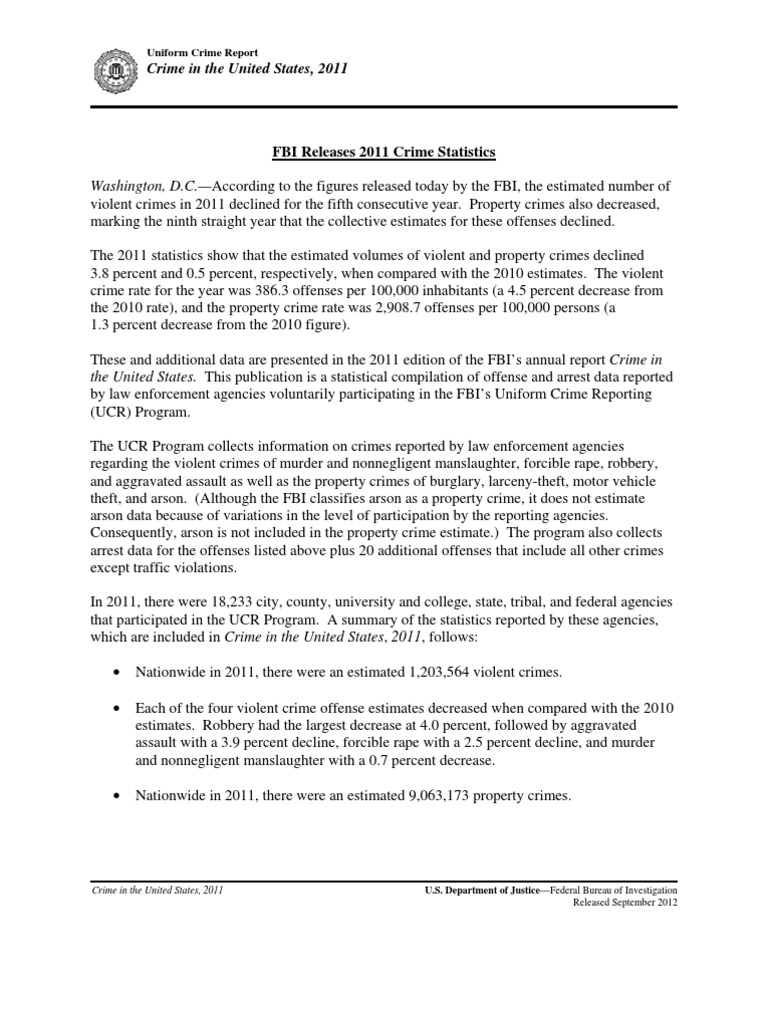 FBI Crime Statistics 2011 Summary | PDF | Uniform Crime Reports ...