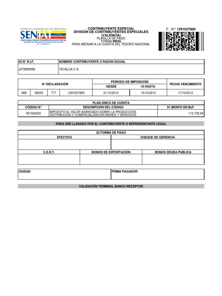 Seniat-Formato Ret. Iva | PDF