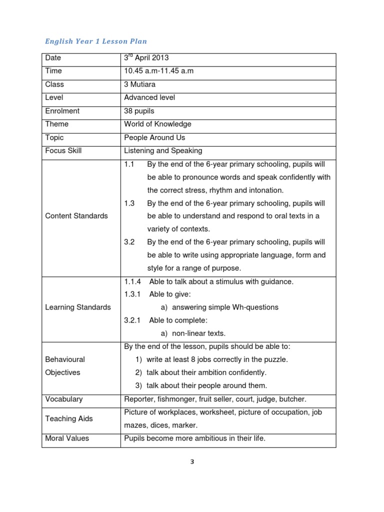 English Year 3 Lesson Plan | Lesson Plan | Question