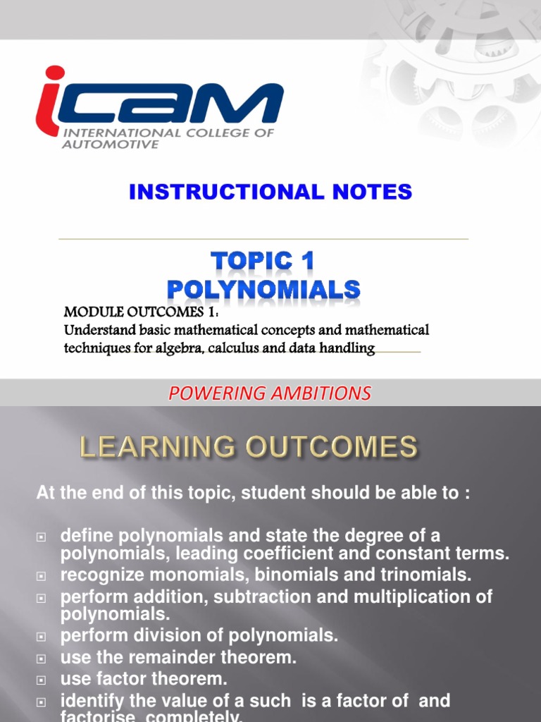 Topic 1 POLYNOMIALS | PDF | Polynomial | Division (Mathematics)