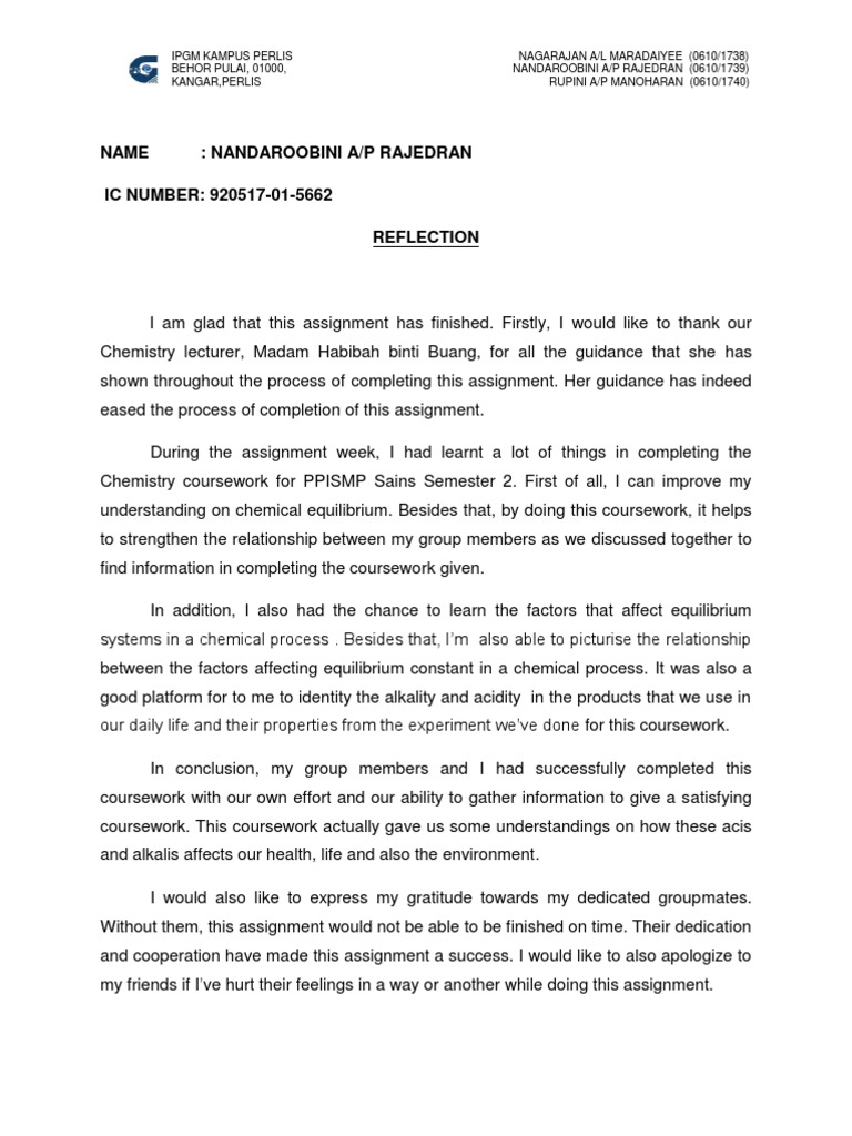 Reflection | Chemical Equilibrium | Chemistry