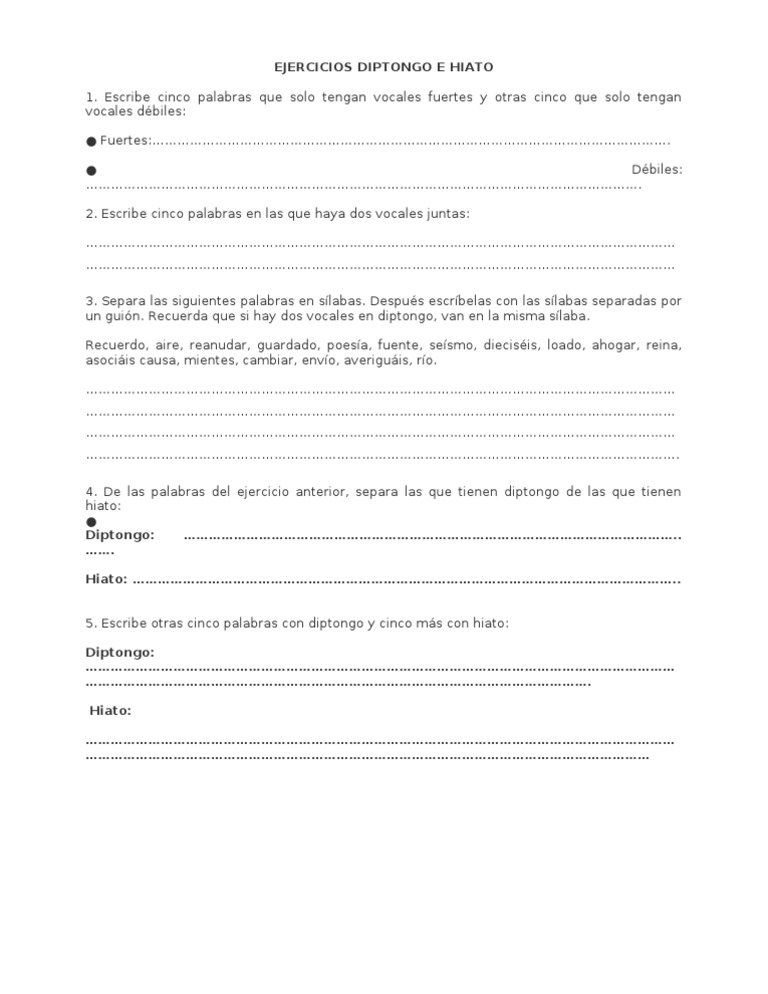 Ejercicios de Diptongo y Hiato | PDF | Voz humana | Fonética