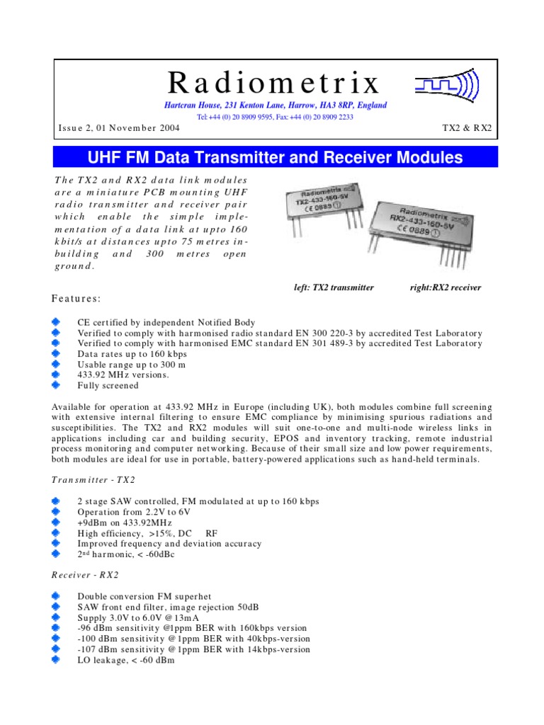 Radiometrix: UHF FM Data Transmitter and Receiver Modules | PDF ...