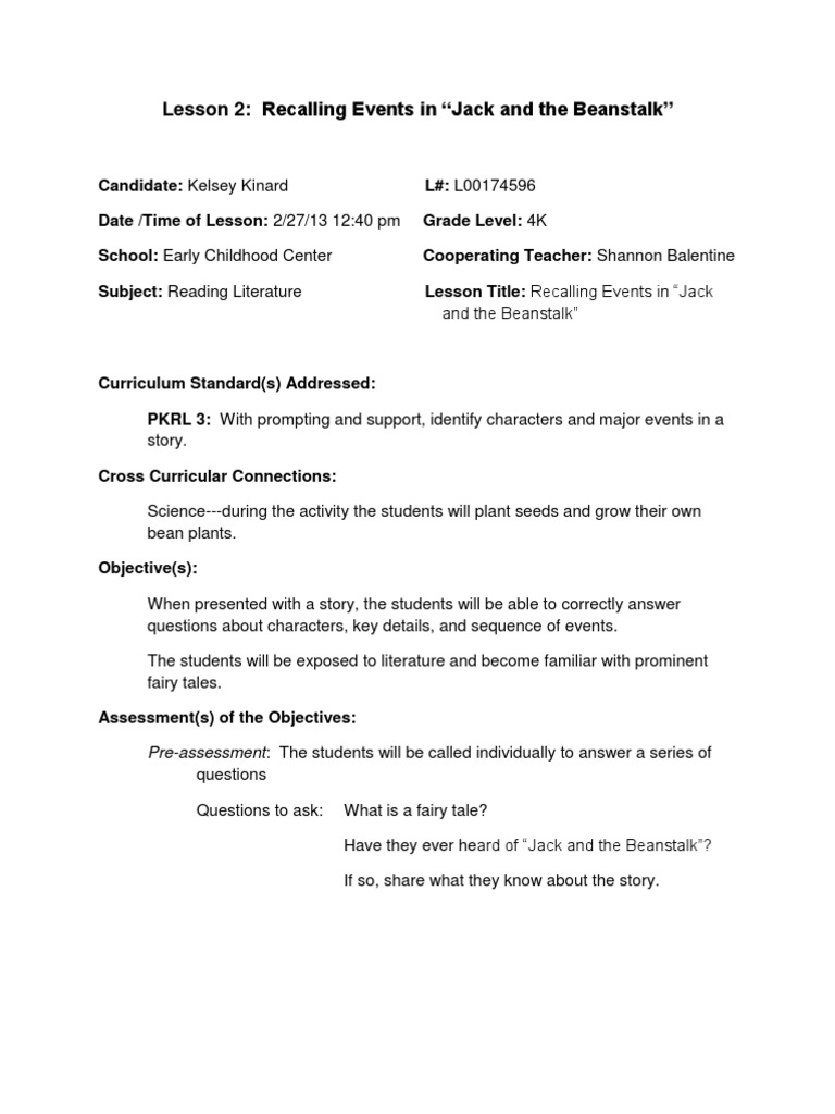Jack and the Beanstalk Lesson Plan | PDF | Educational Assessment ...