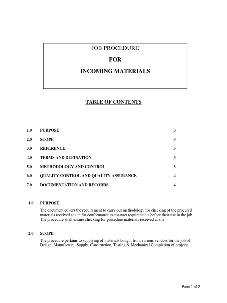 Incoming Material Procedure | PDF | Verification And Validation | Specification (Technical Standard)