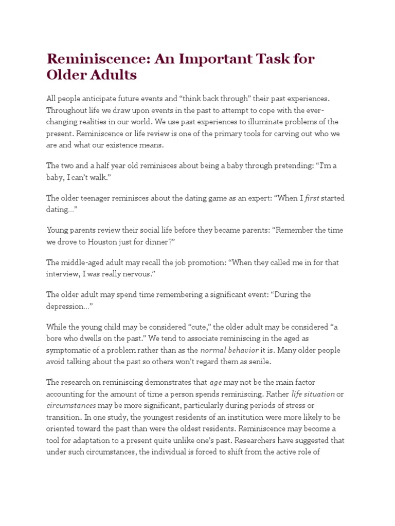 Reminiscence: An Important Task For Older Adults | Download Free PDF | Self | Memory