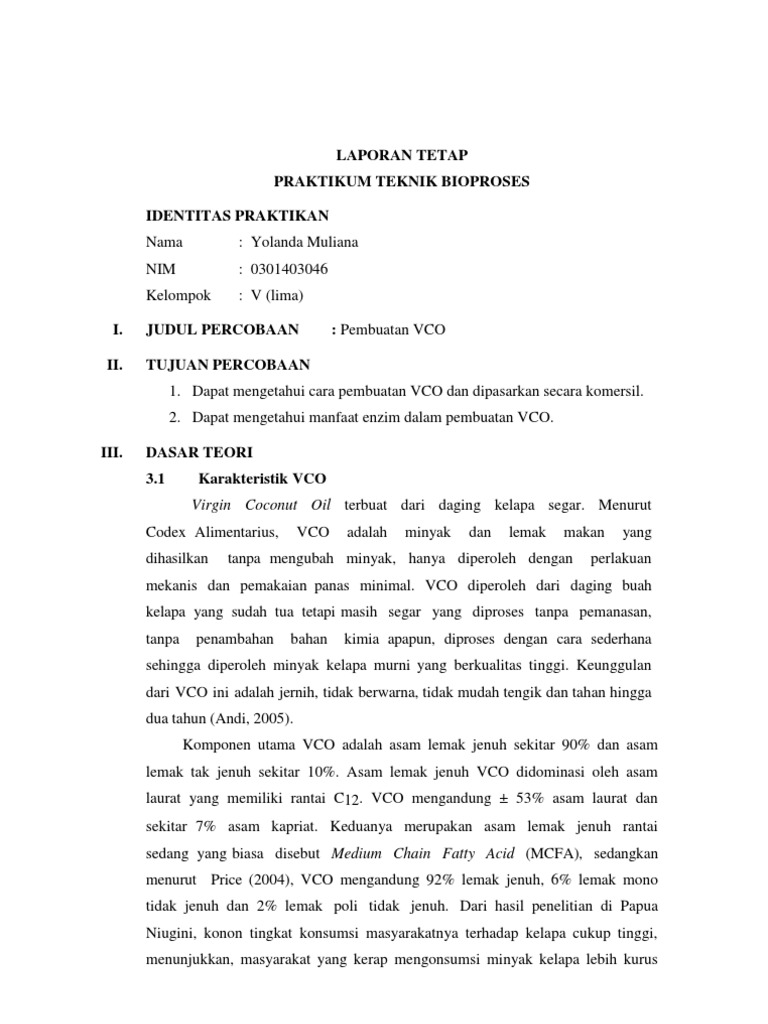 Laporan Praktikum Vco Biopros | PDF