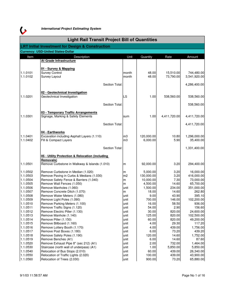 02-Light Rail Transit Capital Cost Bill of Quantities | Electrical ...