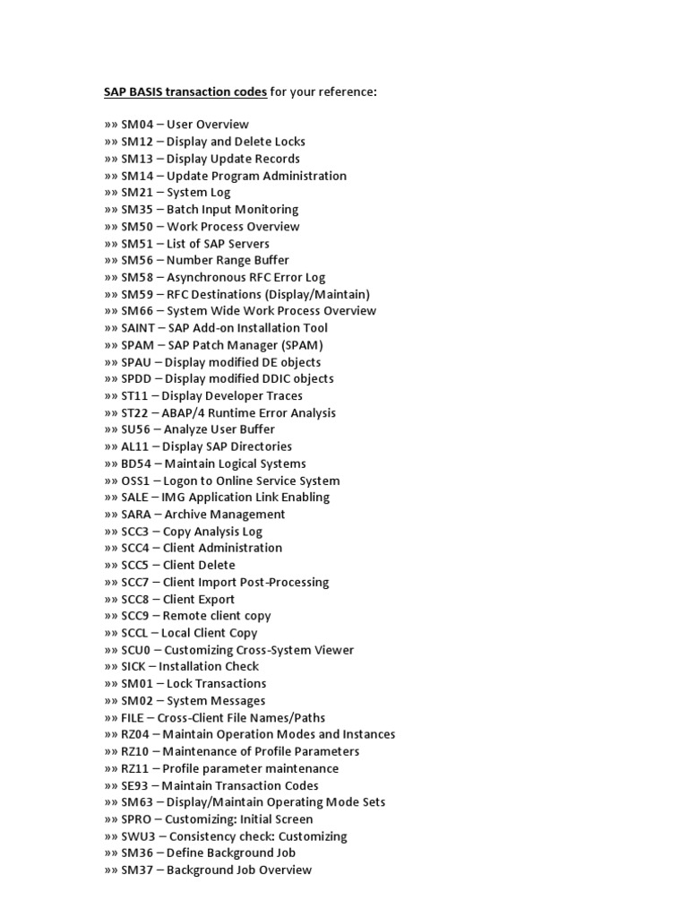 SAP BASIS Transaction Codes For Your Reference | PDF | Digital ...
