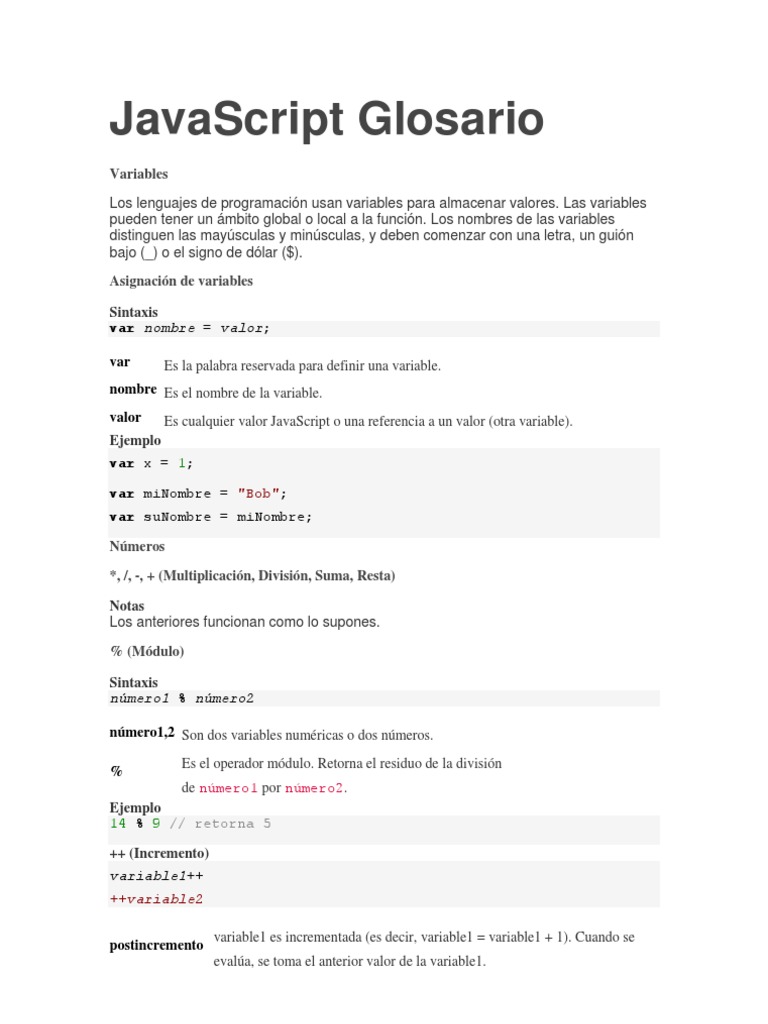 JavaScript Glosario | Descargar gratis PDF | Script Java | Variable (informática)