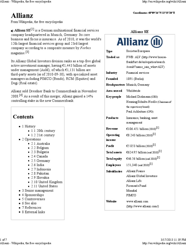 Allianz - Wikipedia, The Free Encyclopedia | PDF | Financial Services ...
