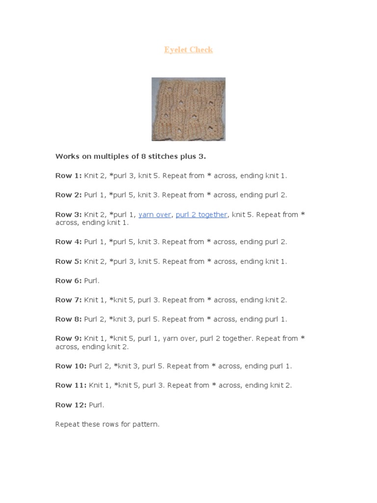 Eyelet Check Knitting Pattern Guide | PDF | Teaching Methods ...