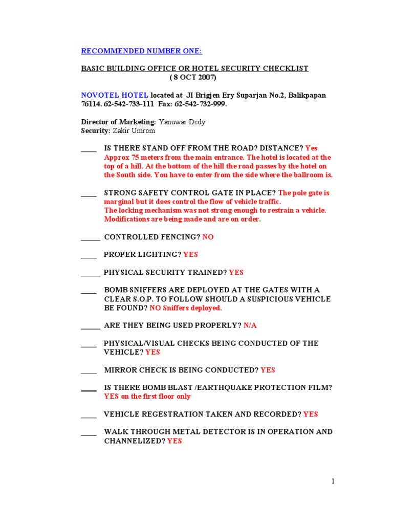 Basic Building Office or Hotel Security Checklist