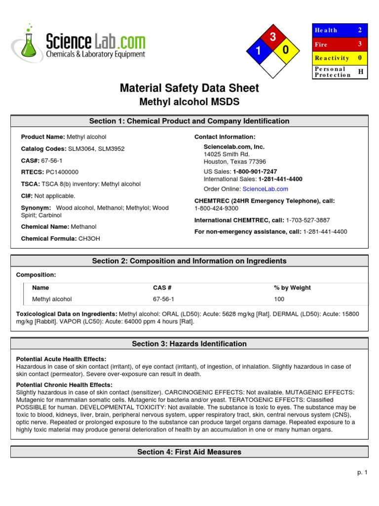 Msds Methanol | PDF | Flammability | Methanol