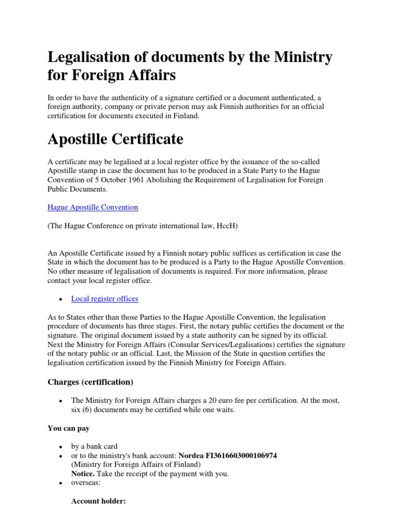 Legalisation of Documents by the Ministry for Foreign Affairs | Finland ...