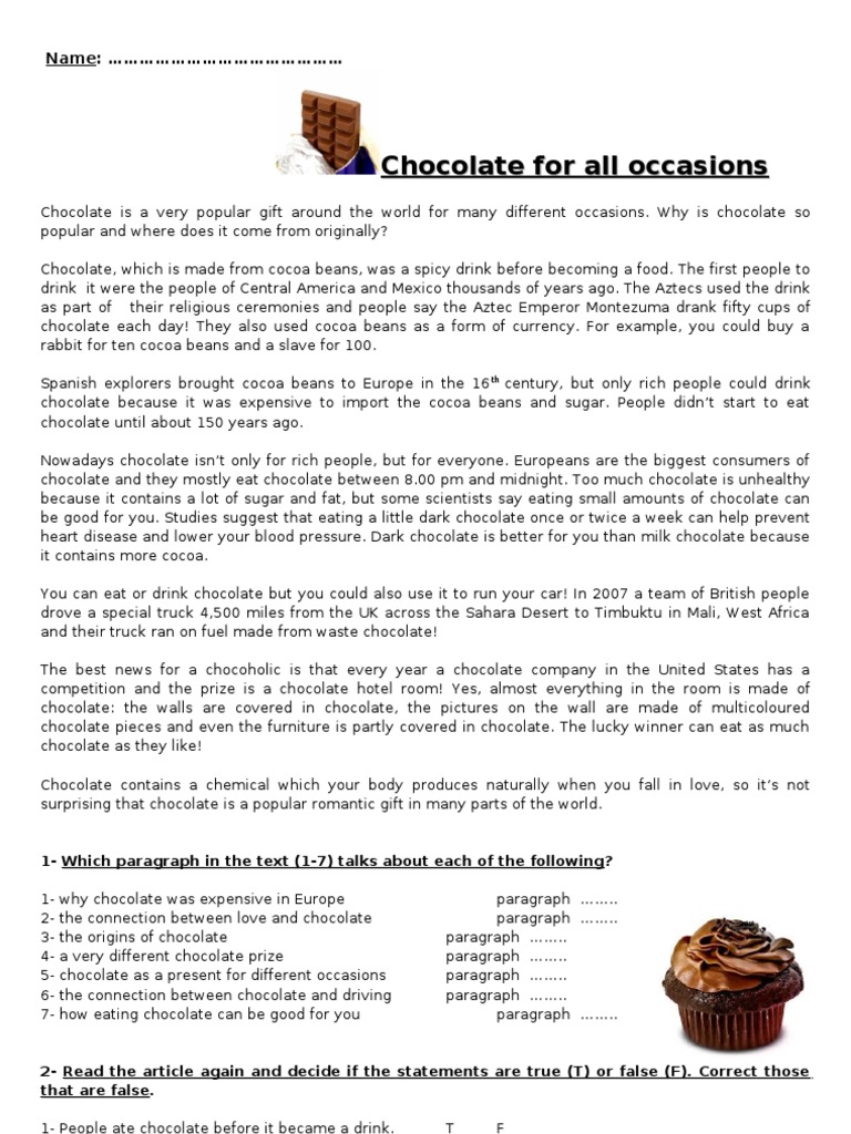 Reading Comprehension Chocolate For All Occasions | Chocolate | Cocoa Bean