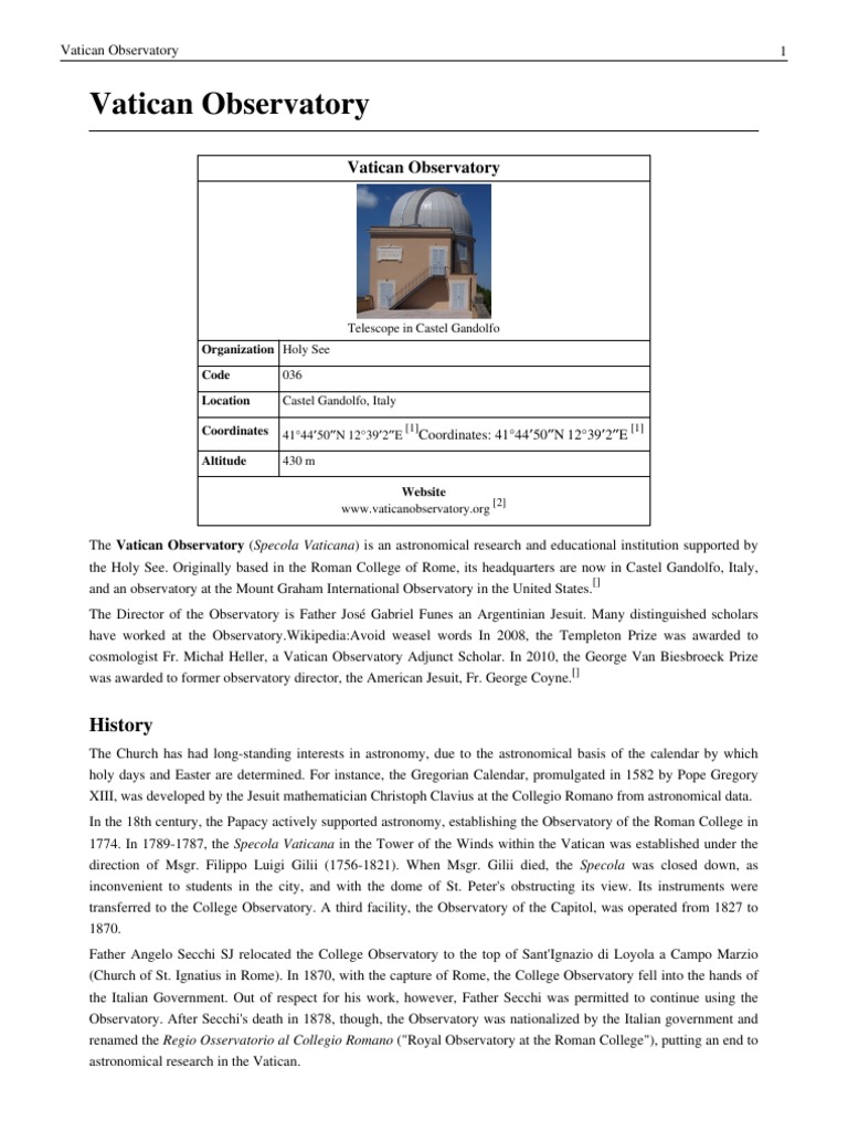 Vatican Observatory - Wiki en | PDF | Catholic Church | Science