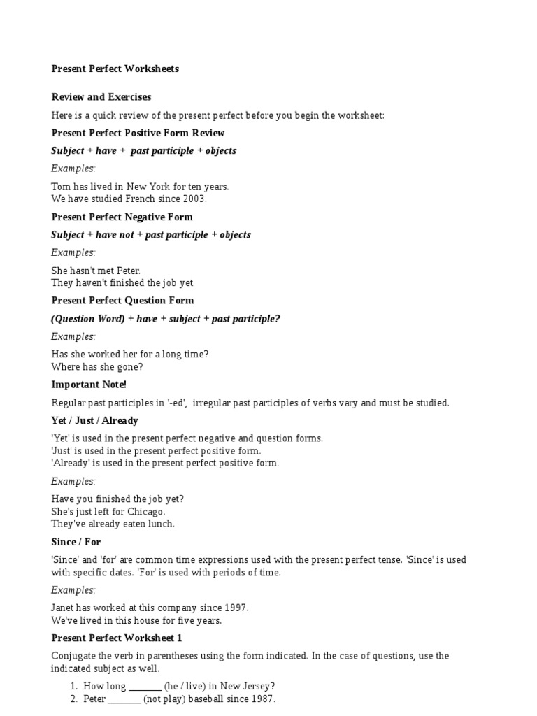 Present Perfect Worksheet | PDF | Perfect (Grammar) | Rules