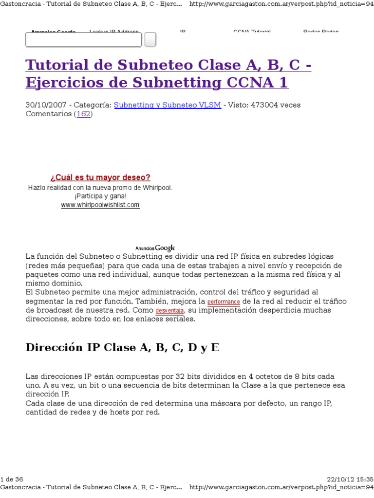 Subnetting PDF | PDF | Dirección IP | Redes de computadoras