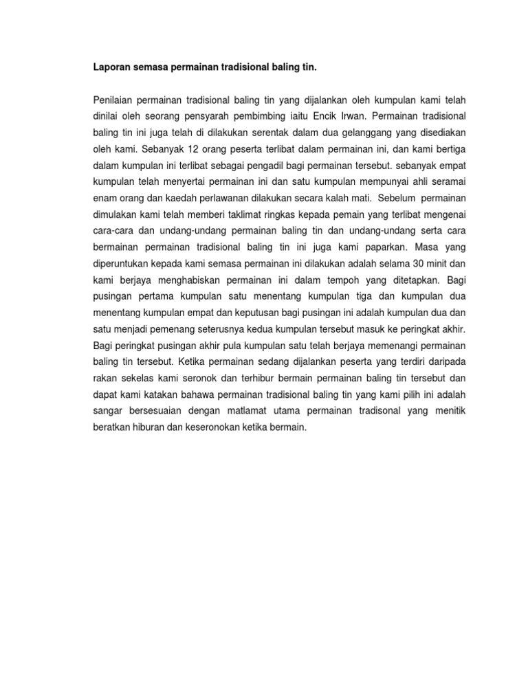 Laporan Semasa Permainan Tradisional Baling Tin | PDF