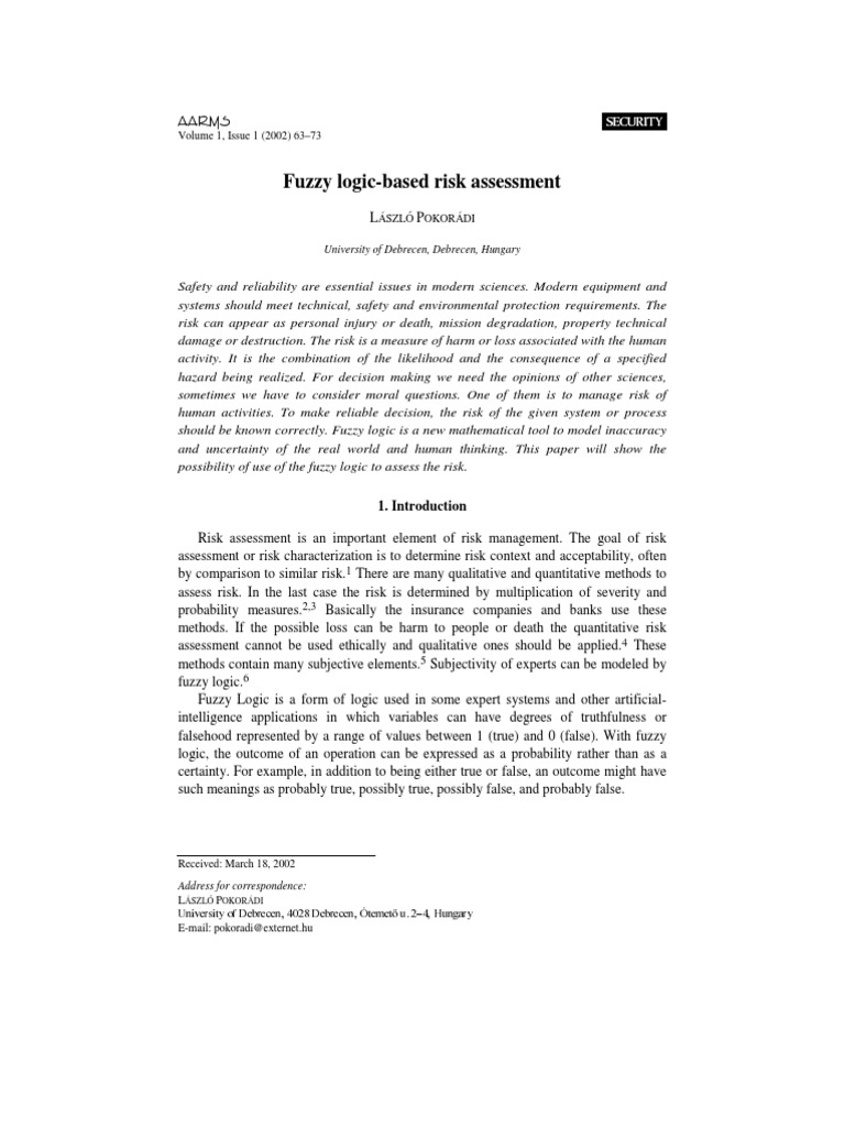 Fuzzy Logic-Based Risk Assessment: Volume 1, Issue 1 (2002) 63-73 | PDF ...