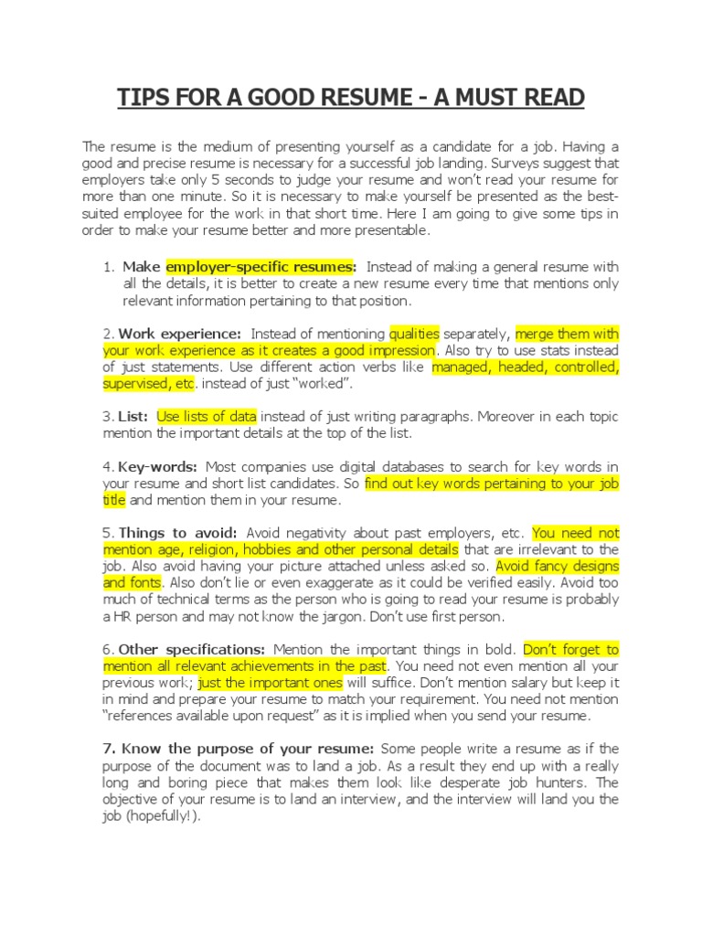 Tips For A Good Resume - A Must Read: 1 Comment and 0 Reactions | PDF ...