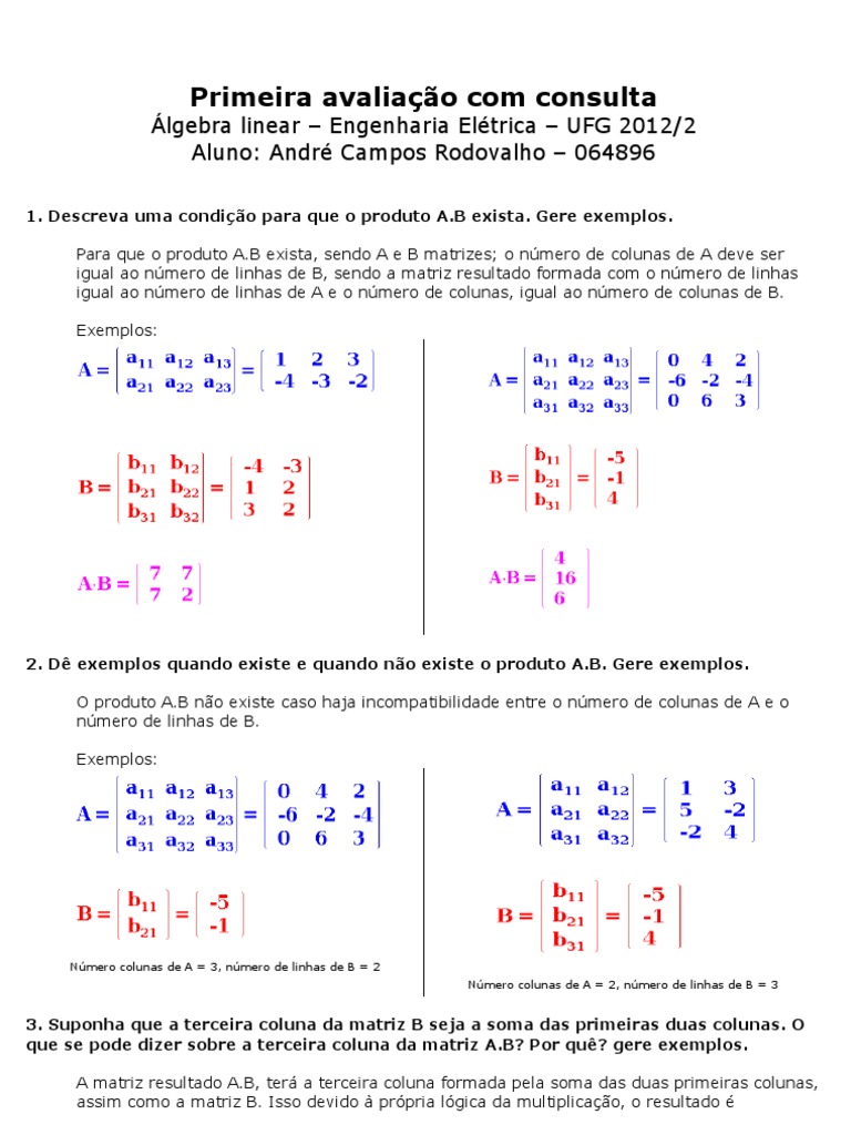 Exercícios de Álgebra Linear 1 | PDF | Determinante | Matriz (Matemática)