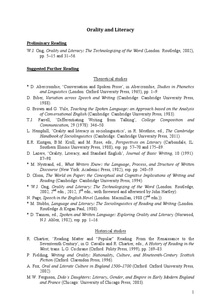Orality and Literacy, Reading Suggestions-1 | PDF | Oral Tradition ...