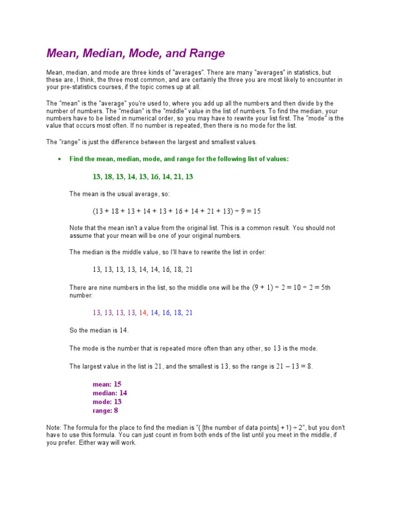 Find The Mean, Median, Mode, and Range For The Following List of Values ...