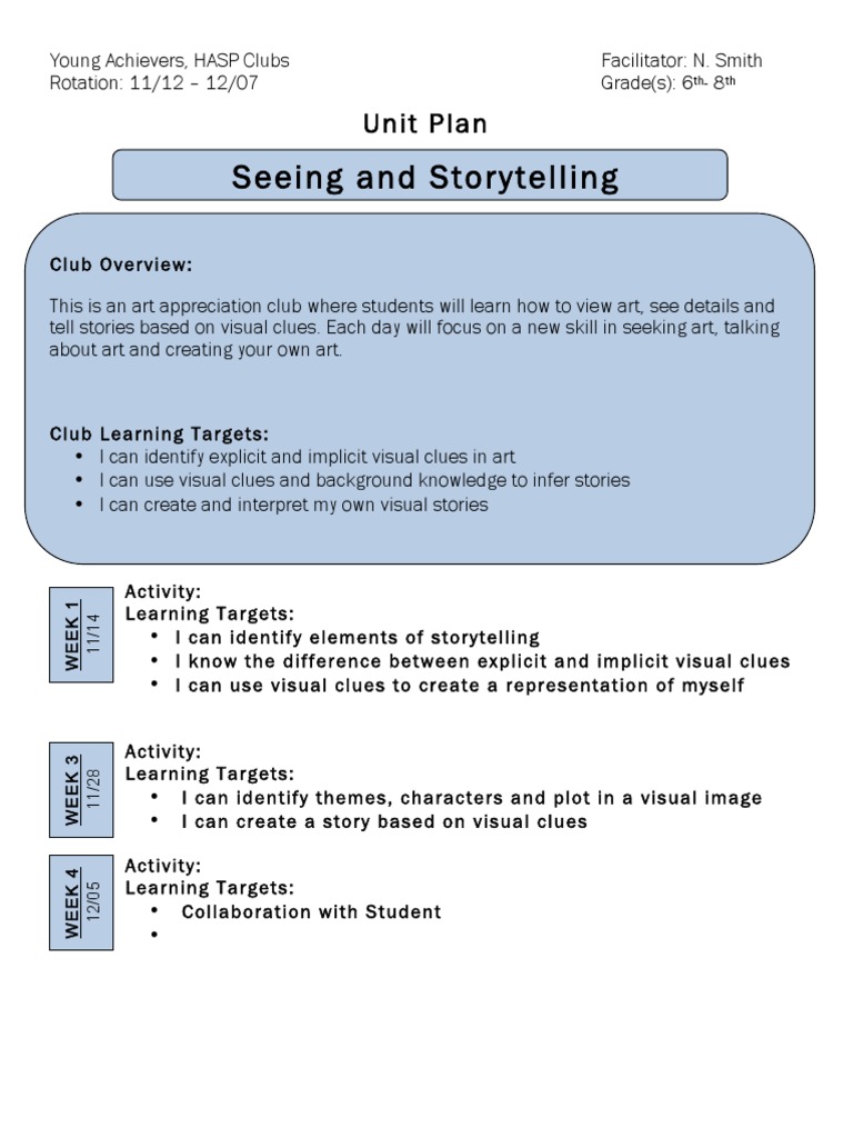 After School Program - Seeing and Storytelling Lesson Plans | PDF ...