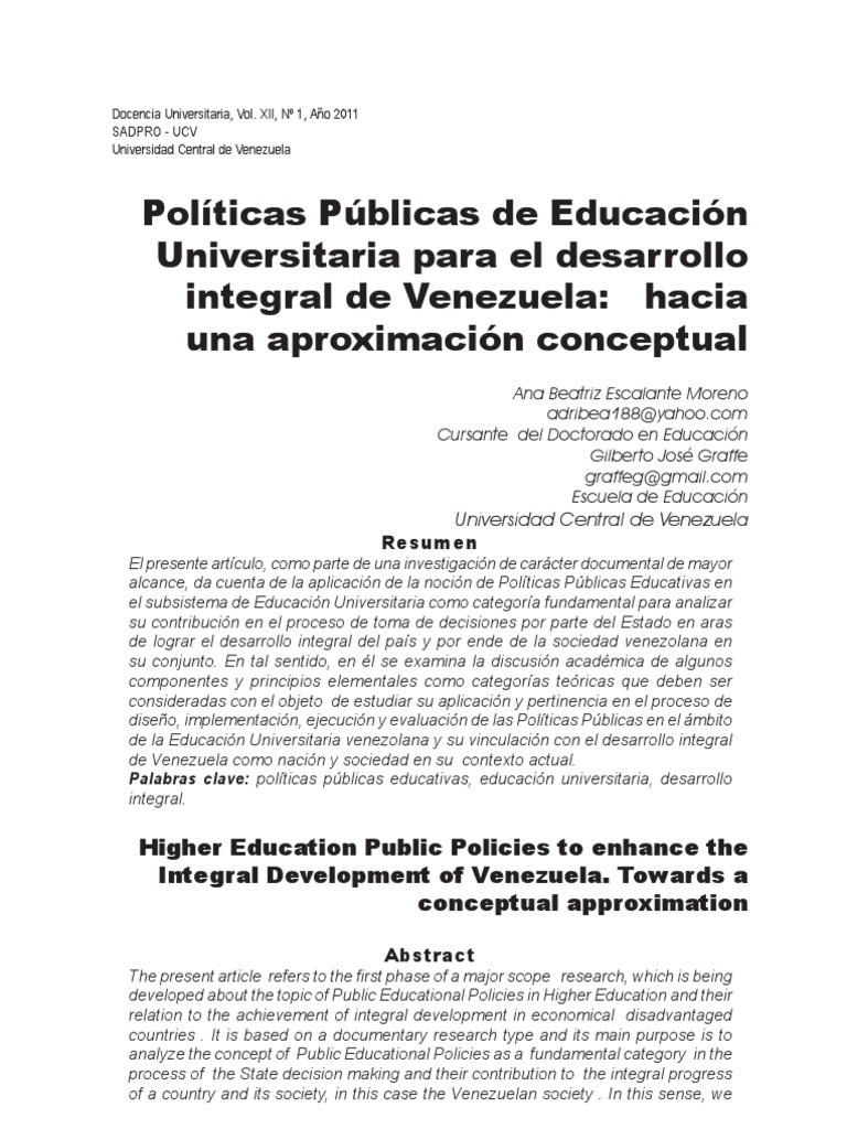 Politicas Para El Desarrollo De La Educacion Superior En Venezuela 9908
