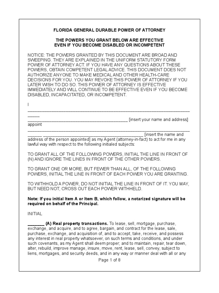 Florida Durable Power of Attorney Form | PDF | Power Of Attorney | Pension