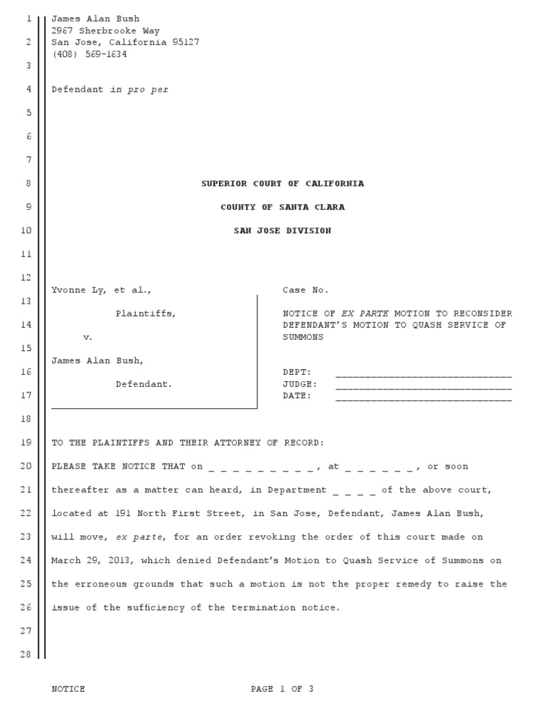 Notice of Ex Parte Motion To Reconsider Motion To Quash Service of ...