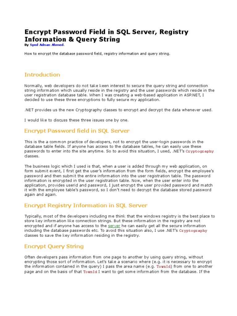 Encrypt Password Field In Sql Server Registry Information And Query String With Vb Pdf