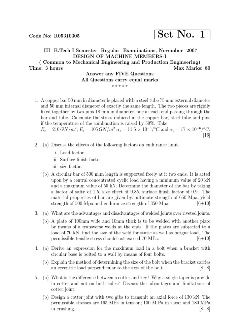 Design of Machine Members Exam Questions | PDF