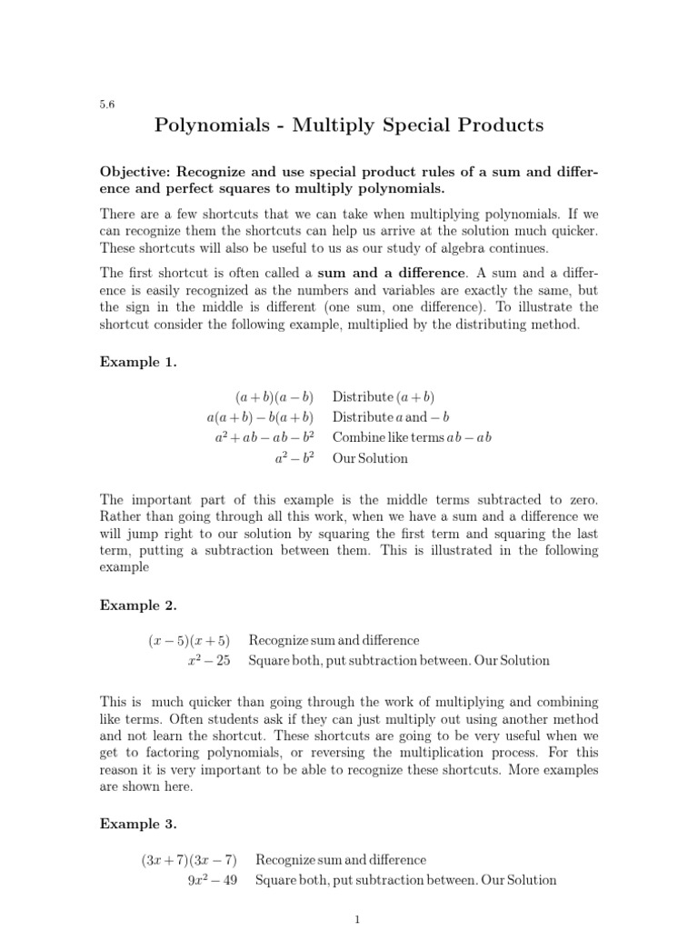 Special Products in Polynomial Multiplication | PDF | Polynomial ...