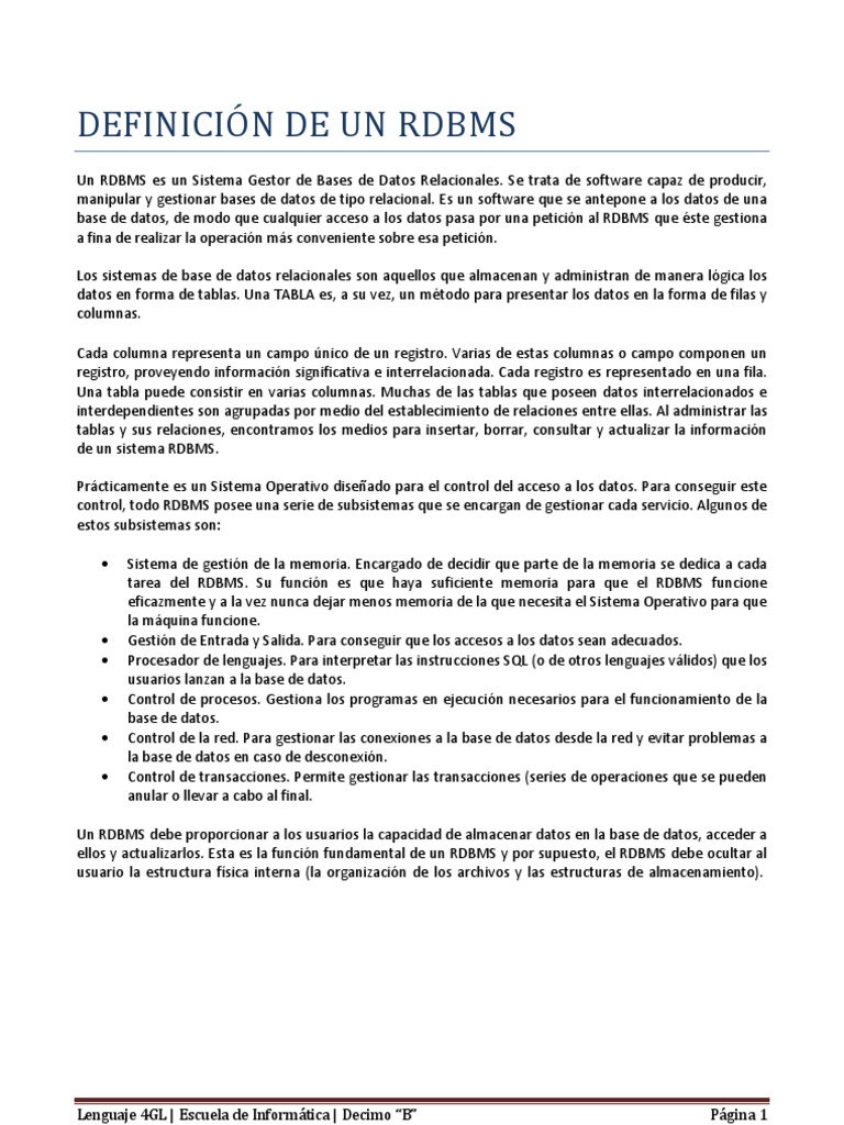 Definición de Un RDBMS | PDF | Base de datos relacional | Bases de datos