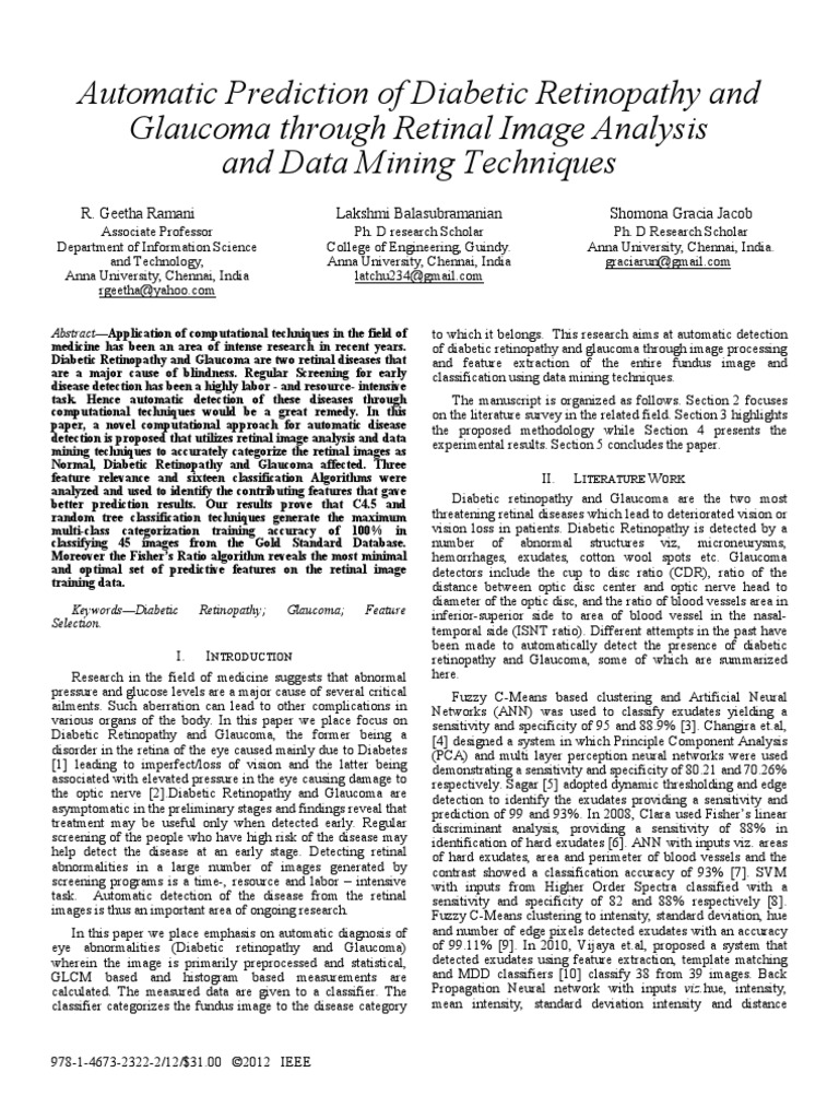 Automatic Prediction of Diabetic Retinopathy and Glaucoma Through Retinal Image Analysis and ...