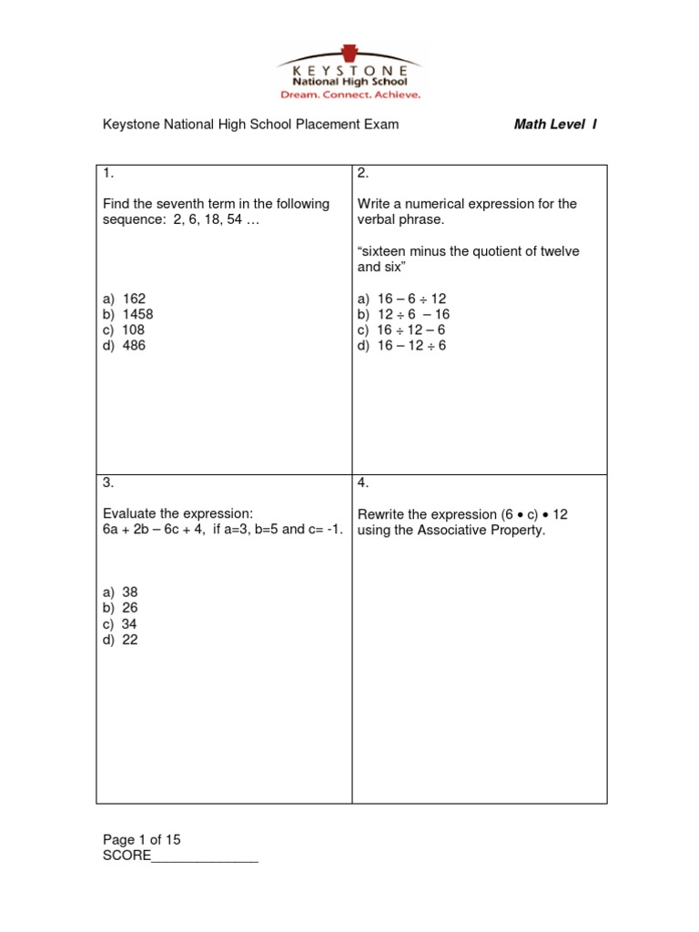 Keystone Hs Placement Exam Math Level1 | PDF | Area | Geometry