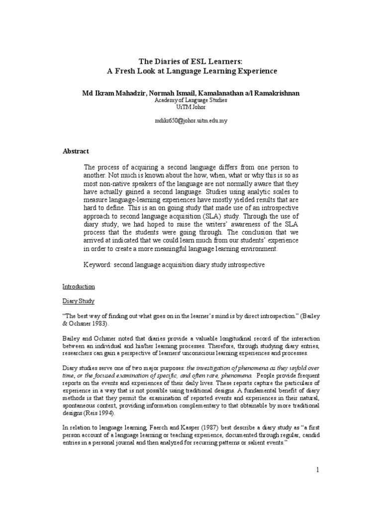 ESL Learners' Diary Insights | PDF | Second Language Acquisition ...